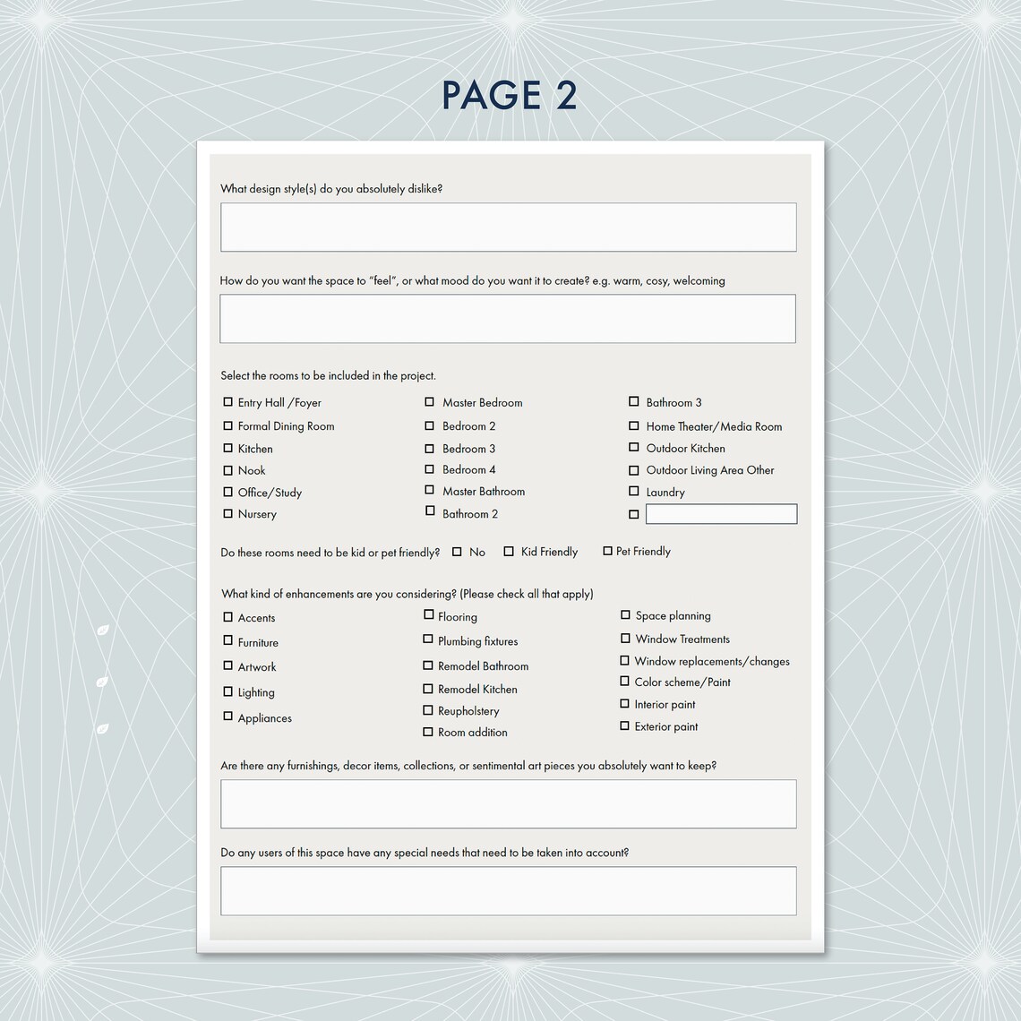 Interior Design Questionnaire, Customized Client Questionnaire ...