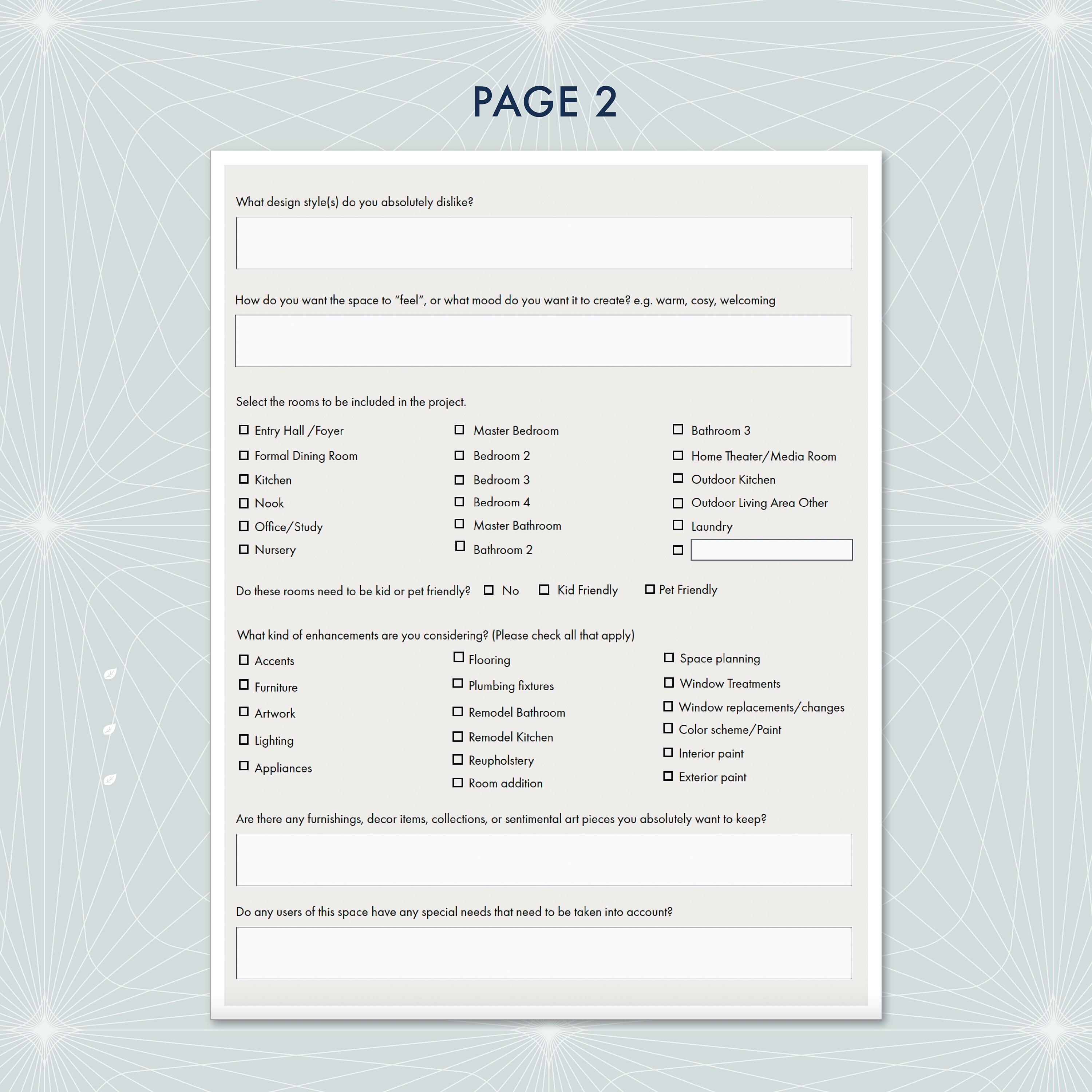 Interior Design Questionnaire, Customized Client Questionnaire ...