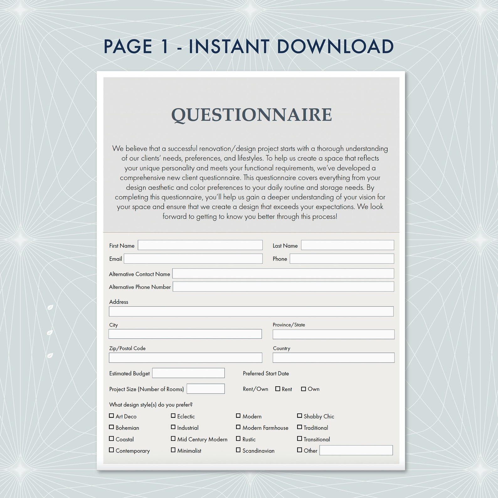 Interior Design Questionnaire, Customized Client Questionnaire ...