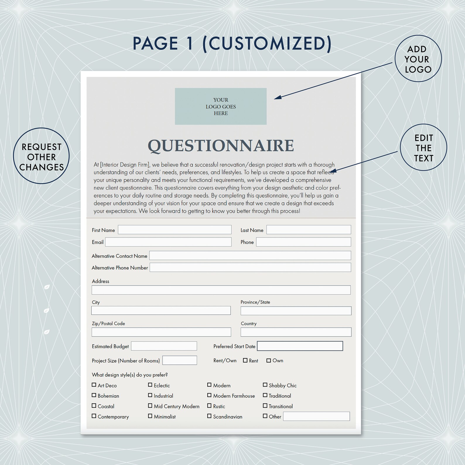 Interior Design Questionnaire, Customized Client Questionnaire ...