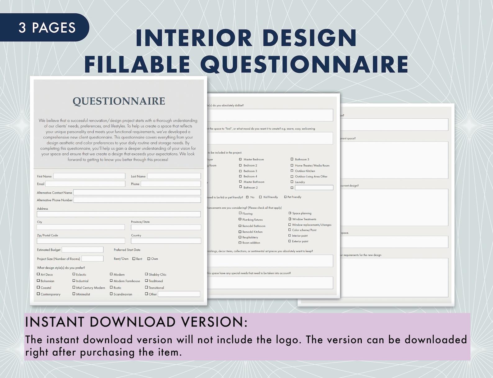 Interior Design Questionnaire, Customized Client Questionnaire ...