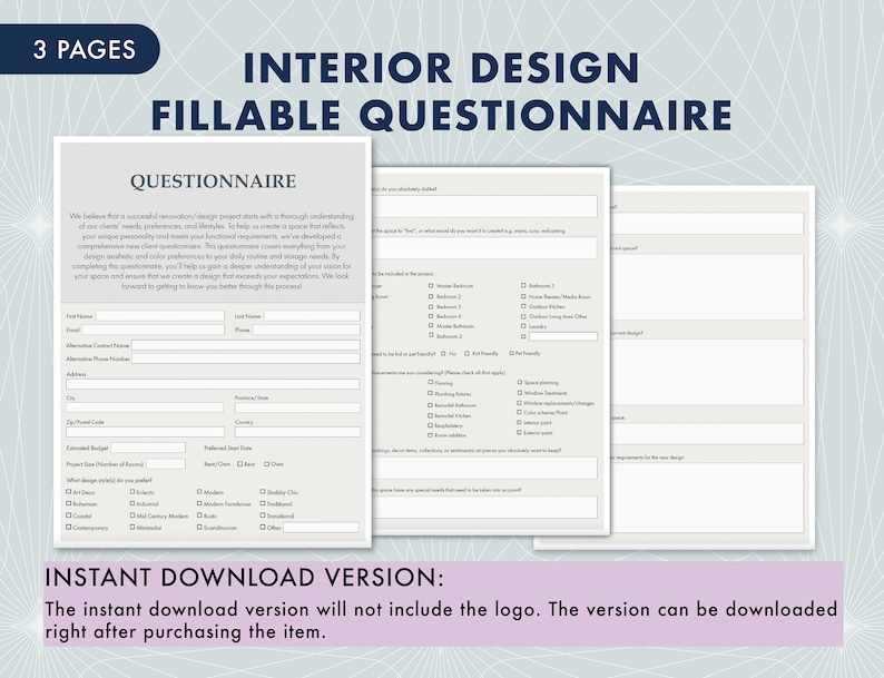 Interior Design Questionnaire, Customized Client Questionnaire ...