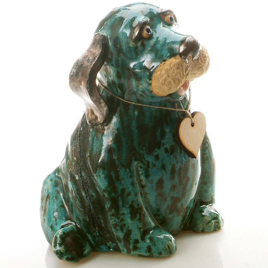 Ceramic Teal Puppy Dog Statue With Wooden Heart to Write a Message ...