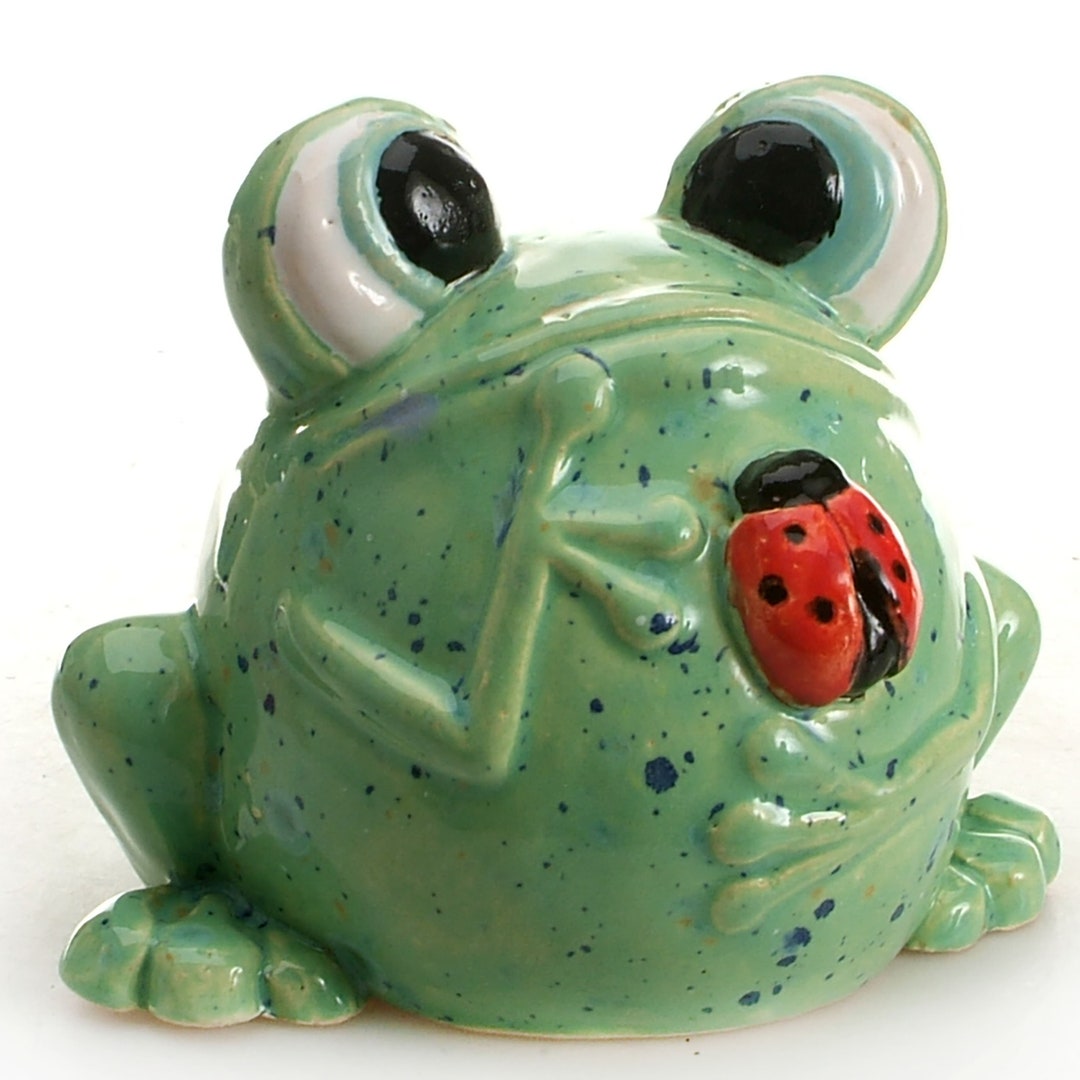 Frog With Lady Bug Ceramic Hand Made Quirky Googly Eyed Frog Ornament ...