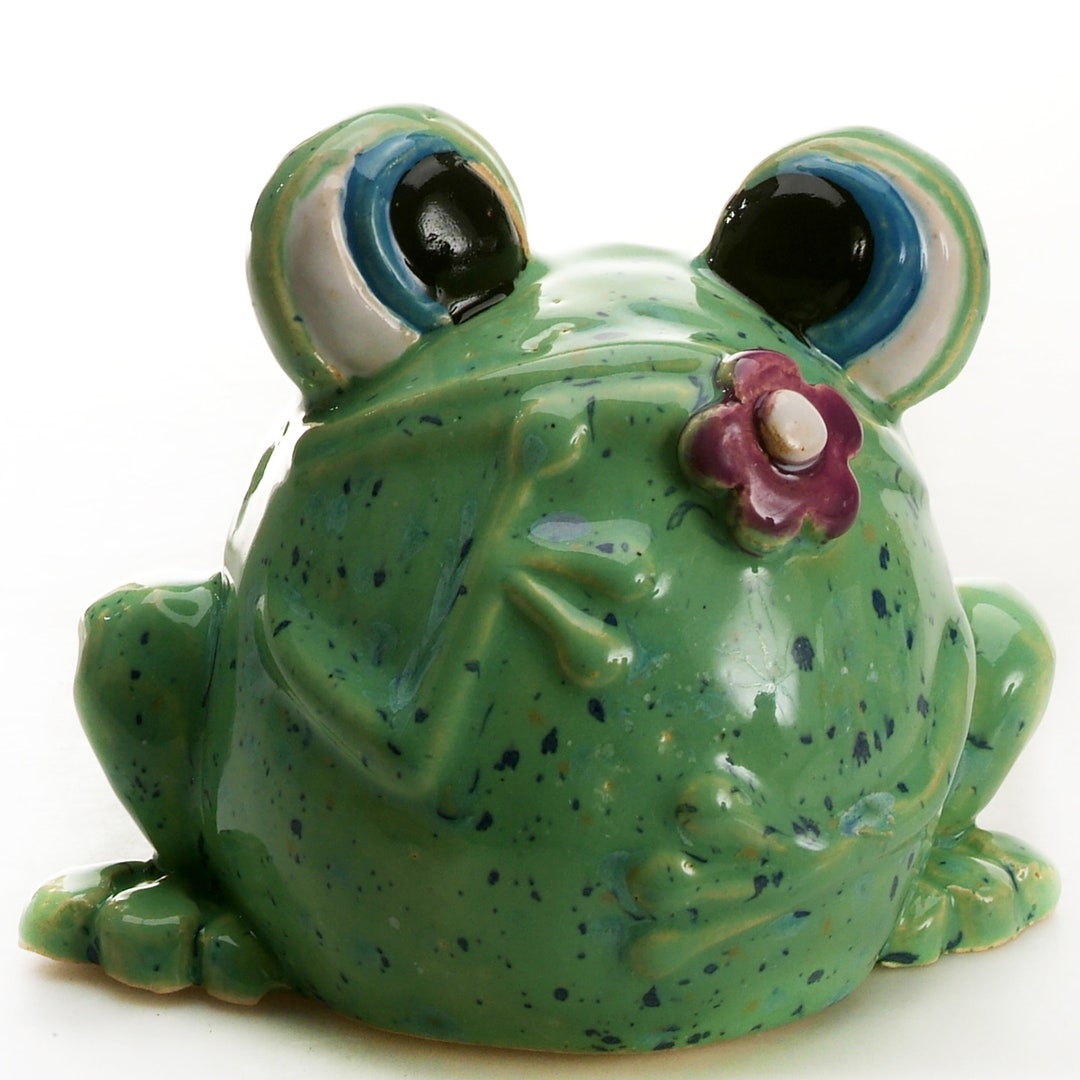 Googly Eyed Turquoise Ceramic Frog Figurine With Pink Flower Quirky ...
