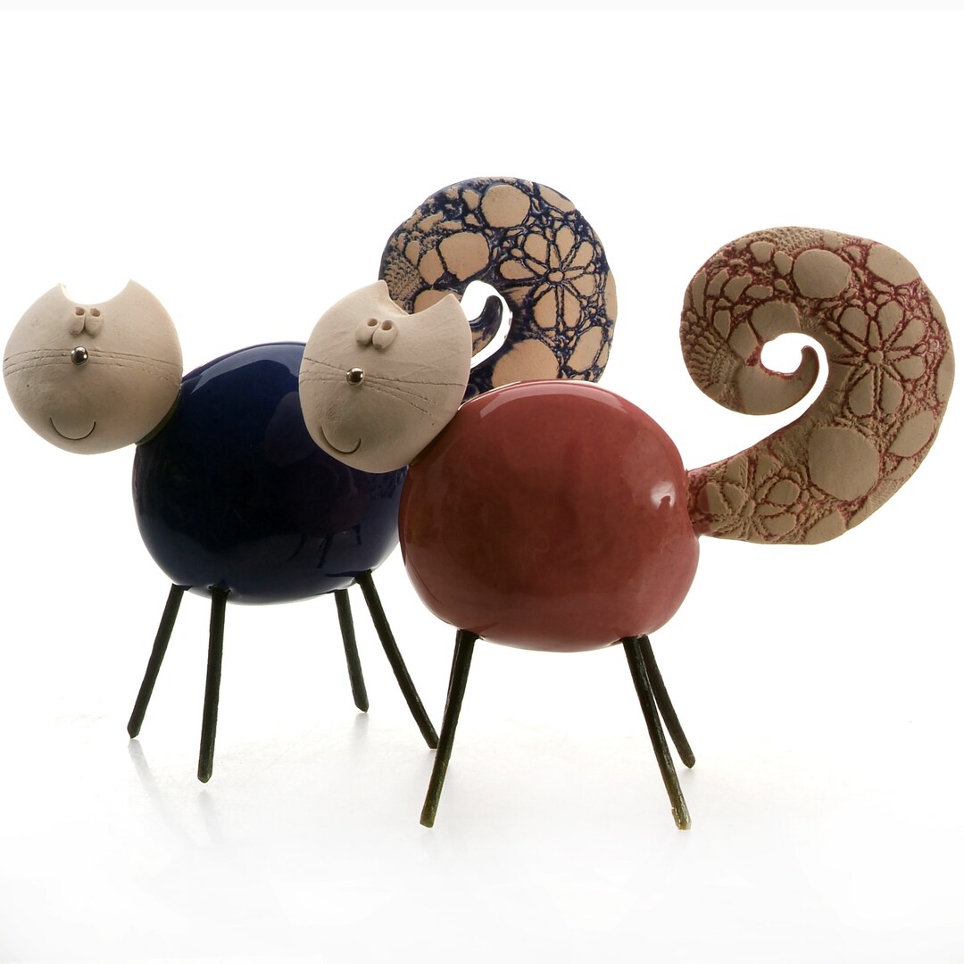 Handcrafted Ceramic Bushy Tail Cat Figurine - Quirky Home Decor Accent ...