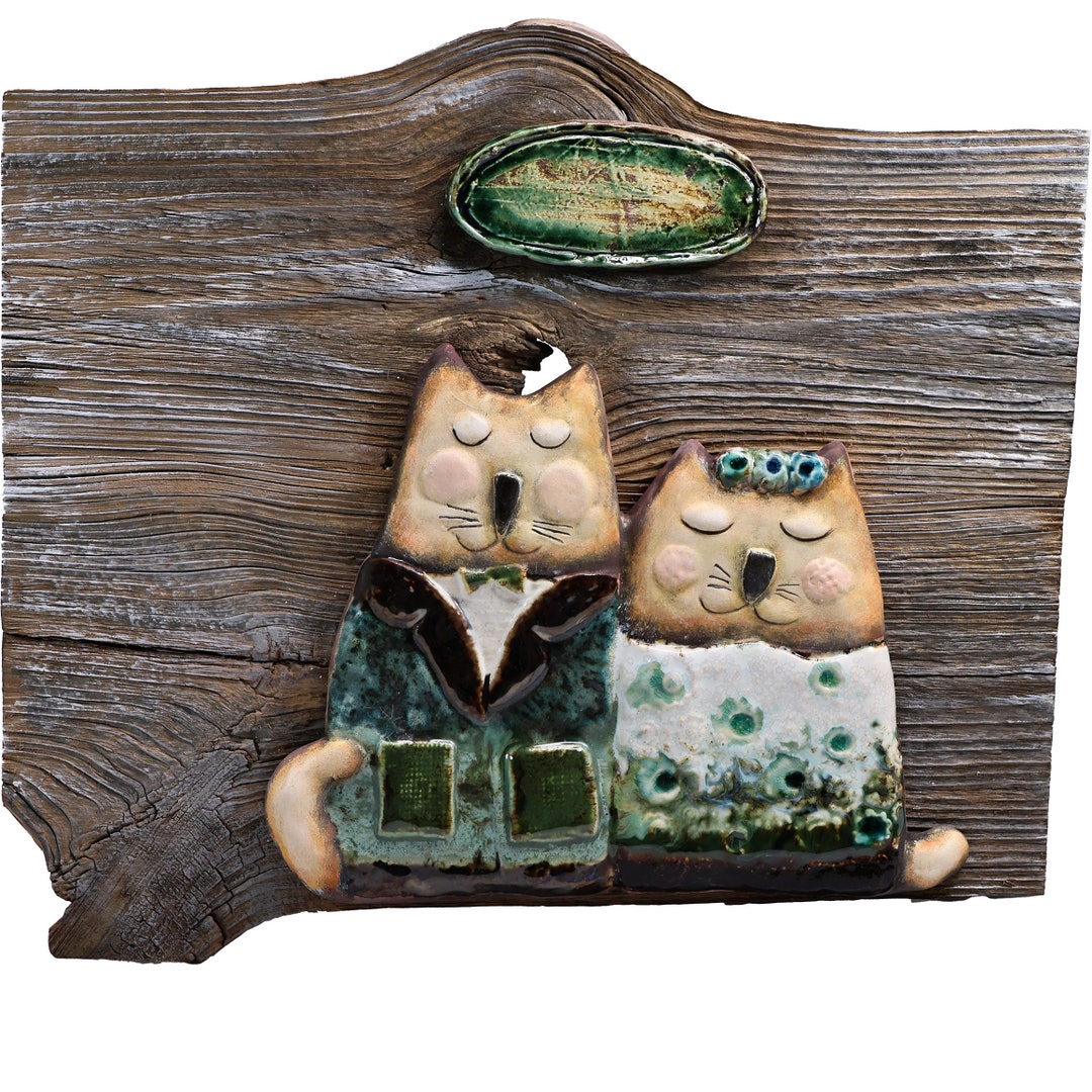 Handmade Wooden Relief of Mr and Mrs Cat Couple in Green Olive or Lilac ...