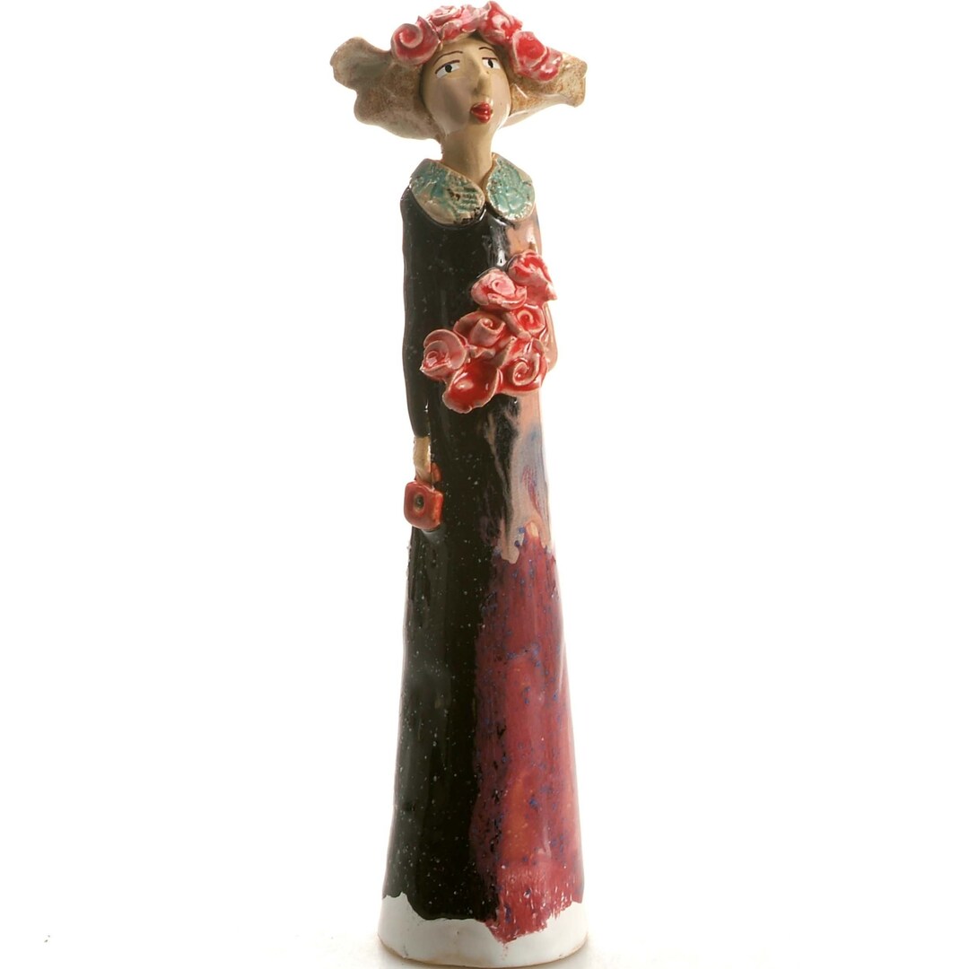 Lady in Black With Red Roses and a Red Purse Ceramic Statue Hand Made ...