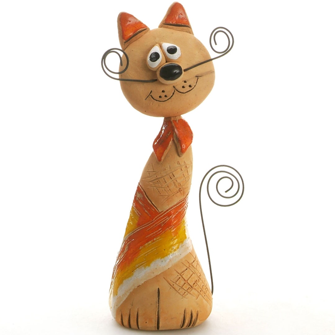 Ceramic Tall Stripped Tabby Ginger Cat With Wire Whiskers and Tail Cool ...