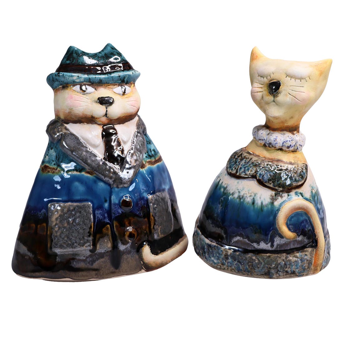 Handmade Ceramic Fat Cat and Trophy Wife in Blue - Etsy