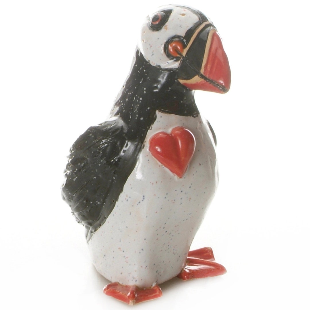 Hand Made Ceramic Puffin With Red Heart Stylized Sculpture - Etsy