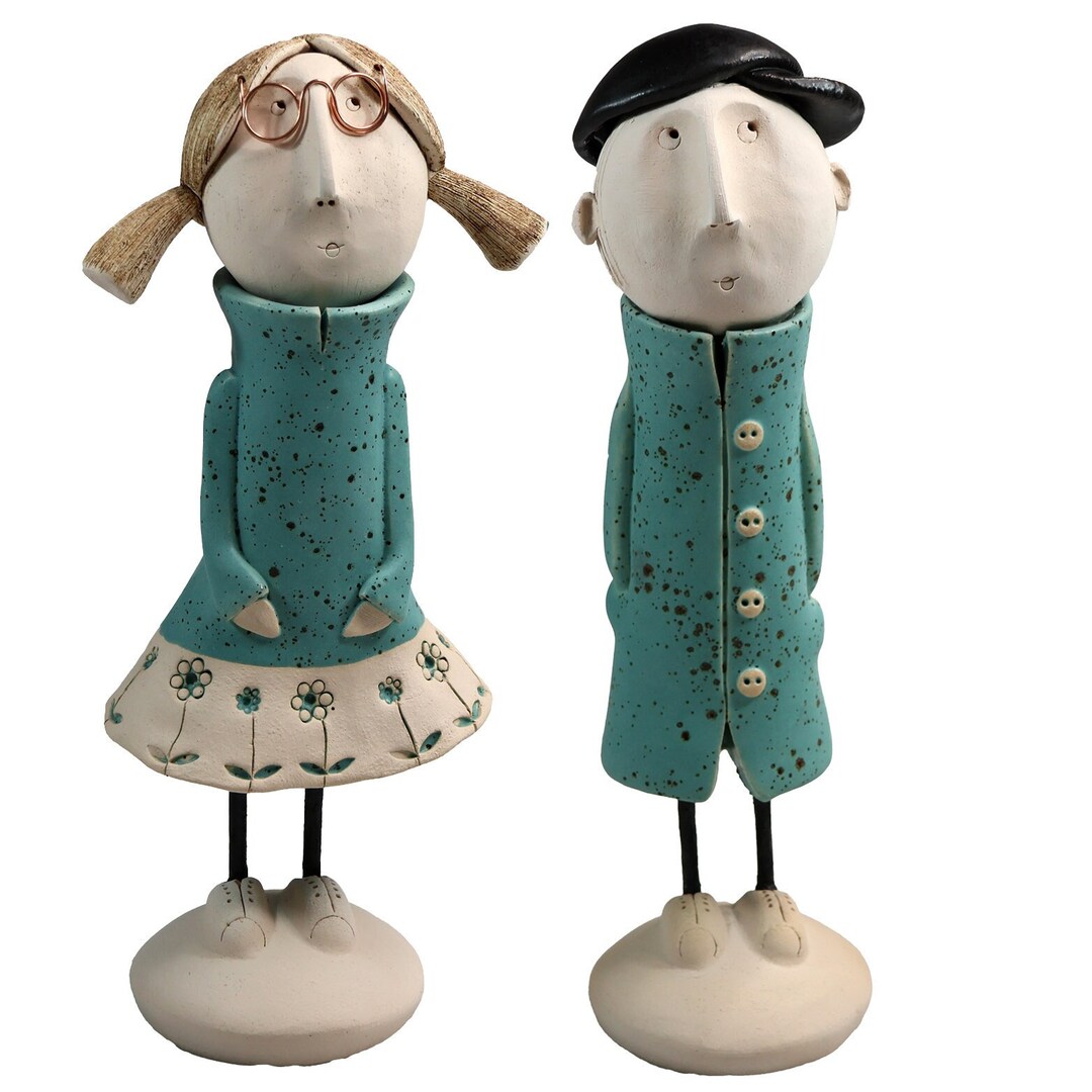 Handmade Contemporary Ceramic Figurine Charming Turquoise Boy and Girl ...