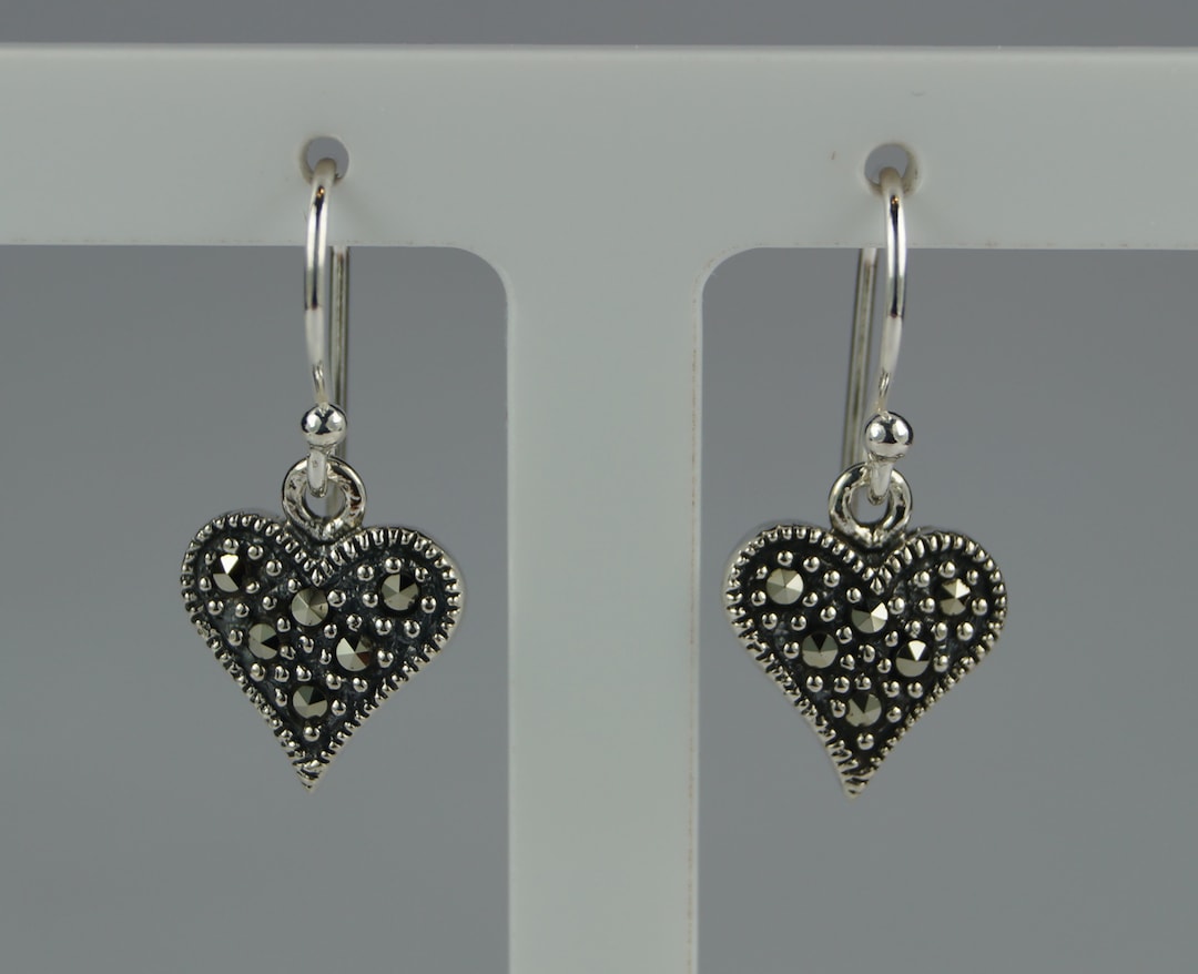 Marcasite Heart Dangle Earrings in Sterling Silver. Drop Earrings. - Etsy