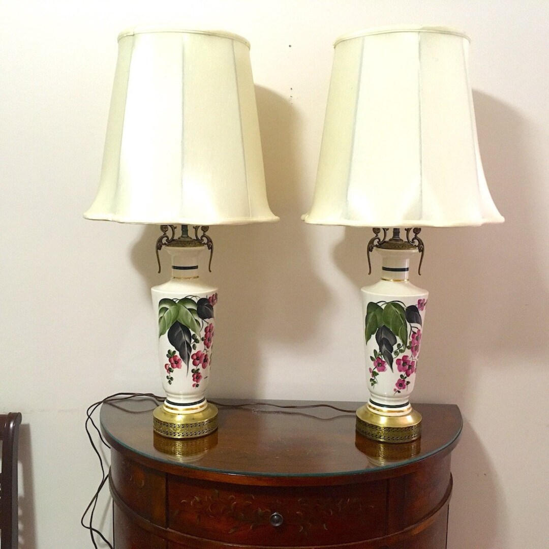 Pair Ginger Jar Table Lamps C1940, Hand Painted Split Leaf Philodendron ...