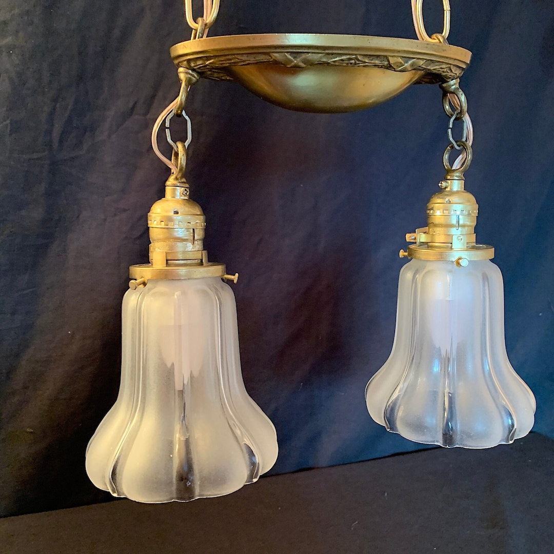 Suspended Chandelier Two Globe Pan Light, Brass Hanging Light, Antique ...