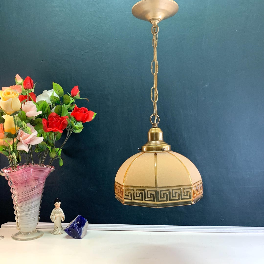 Vintage Amber Glass Pendant Light, Greek Key Brass Fixture - Etsy