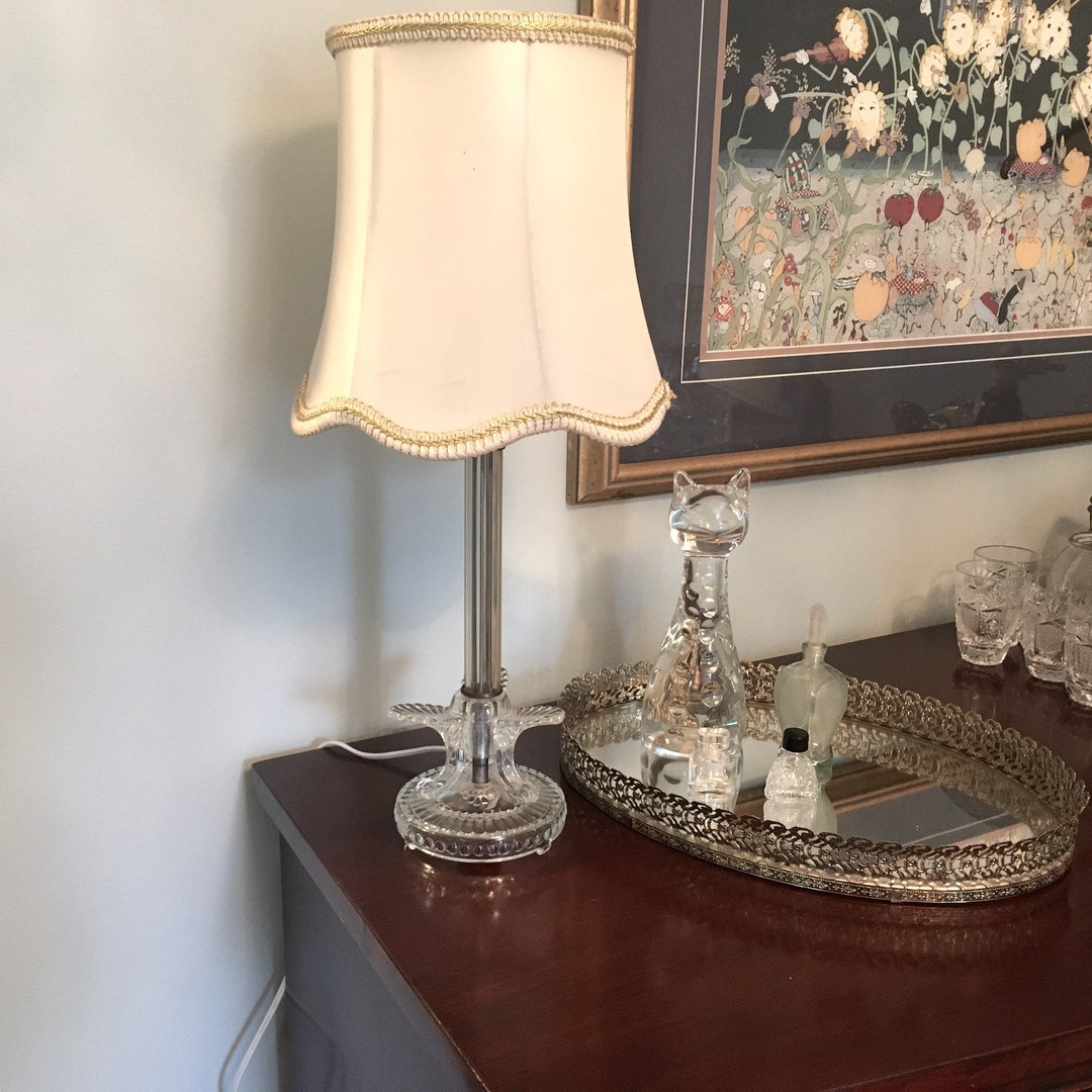 Table Lamp: Candle Stick Style With 3 Leaf Decor and Pressed Glass Base Boudoir Lamp, Vintage ...