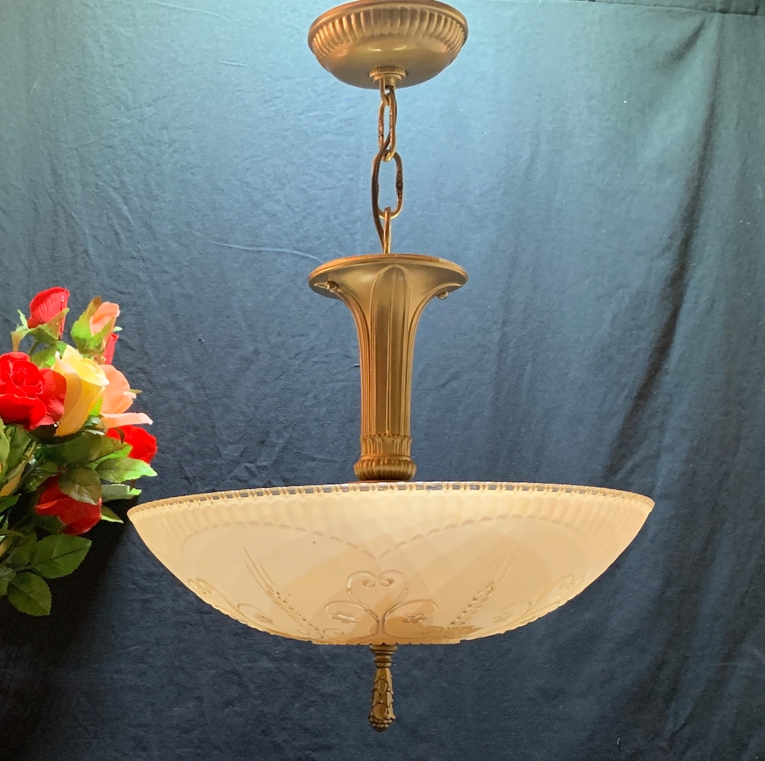 Large Antique 1920 1930 Depression Era Glass Ceiling Light Fixture ...