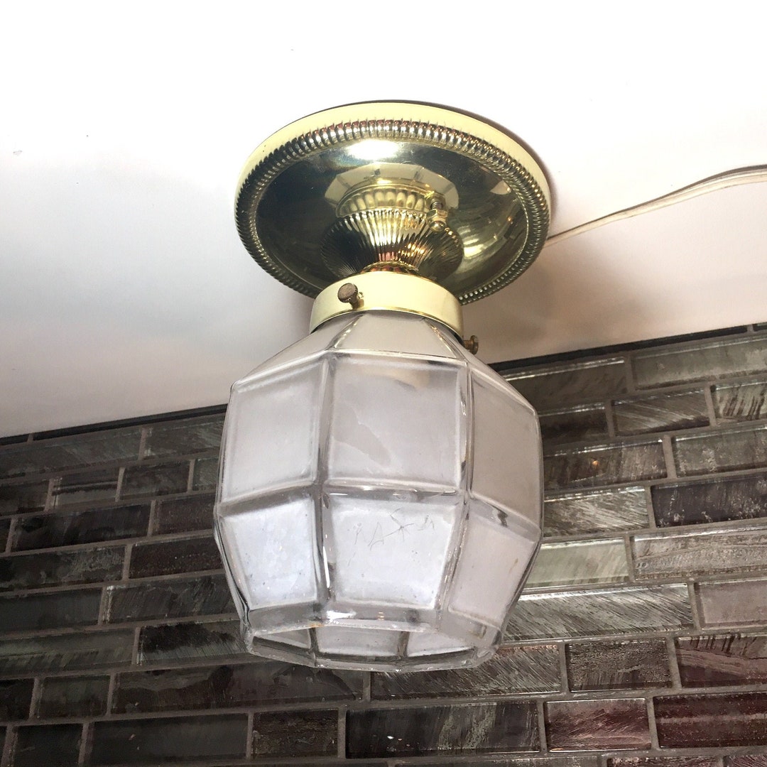 Ceiling Light: Frosted Octagon Globe, Gold Tone Fixture, Low Profile ...