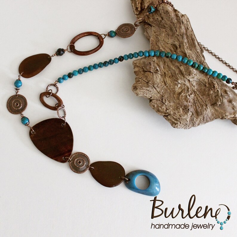 Asymmetrical Long Exotic Necklace With Tagua and Chrysocolla in ...