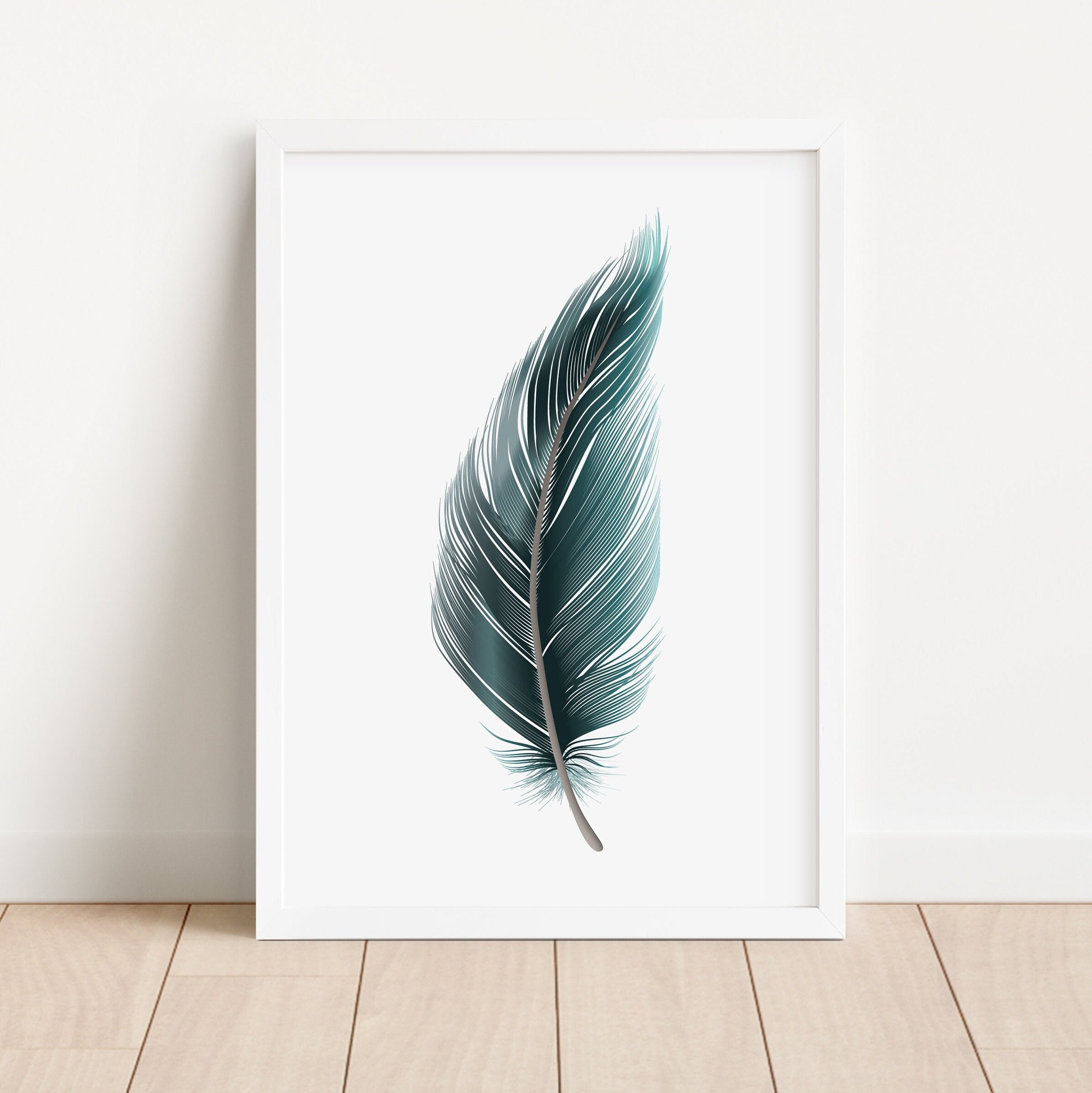 Teal Feather Printable Poster, Minimalist Feather Wall Art, Home Office ...