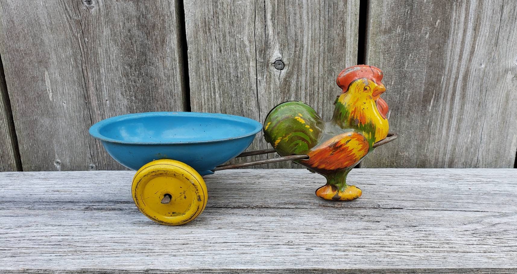 Tin Toy Wyandotte Rooster or Chicken Pulling Wagon Cart Easter Holiday ...