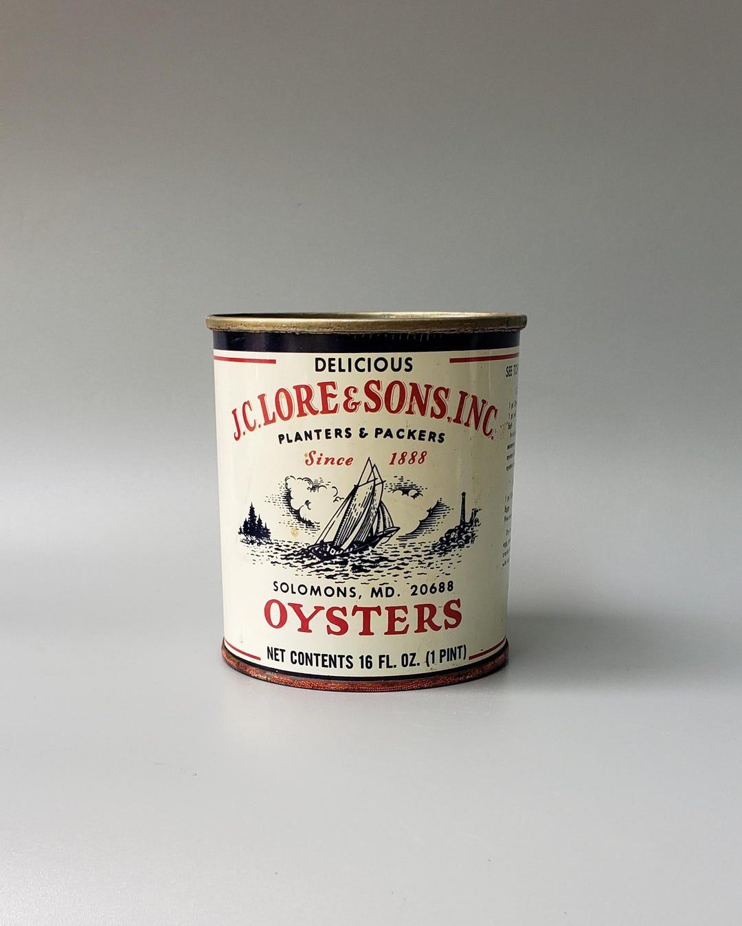 Oyster Tin J. C. Lore & Sons Pint Size Oyster Can From Solomons ...