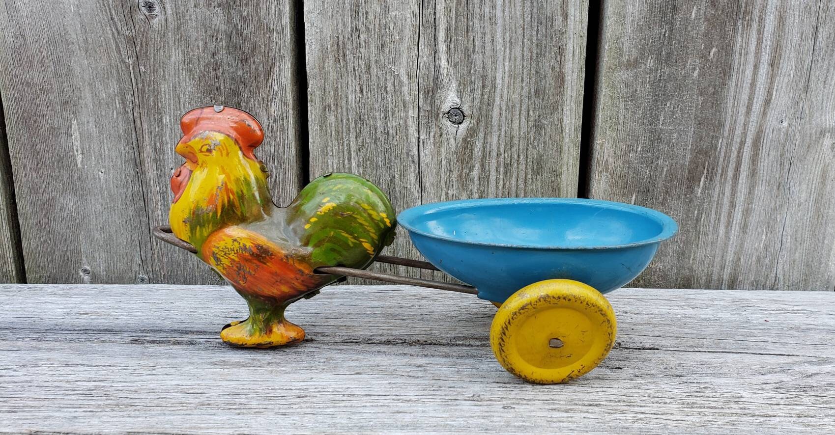 Tin Toy Wyandotte Rooster or Chicken Pulling Wagon Cart Easter Holiday ...