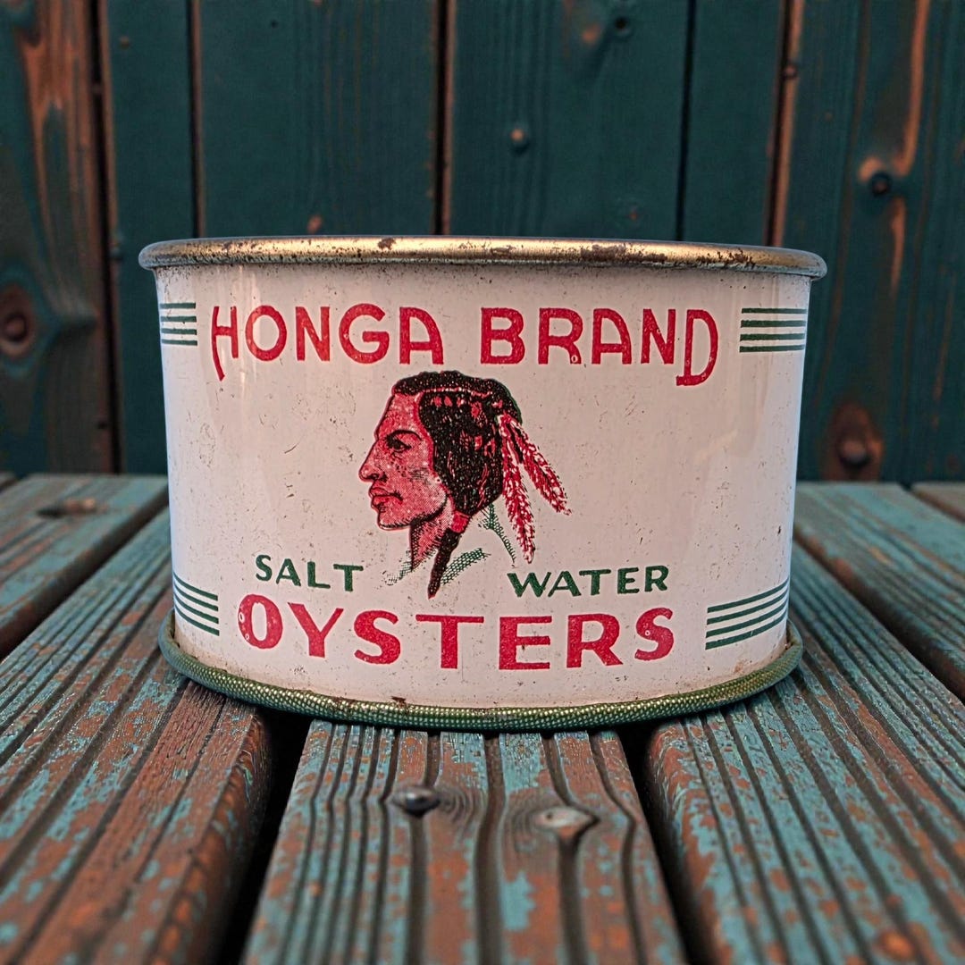 Vintage Honga Brand Oyster Can : Native American Indian Advertising Tin ...