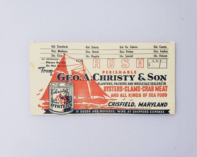 Christy Oyster Shipping Tag Oyster Tin Advertising Can Crisfield MD - Etsy