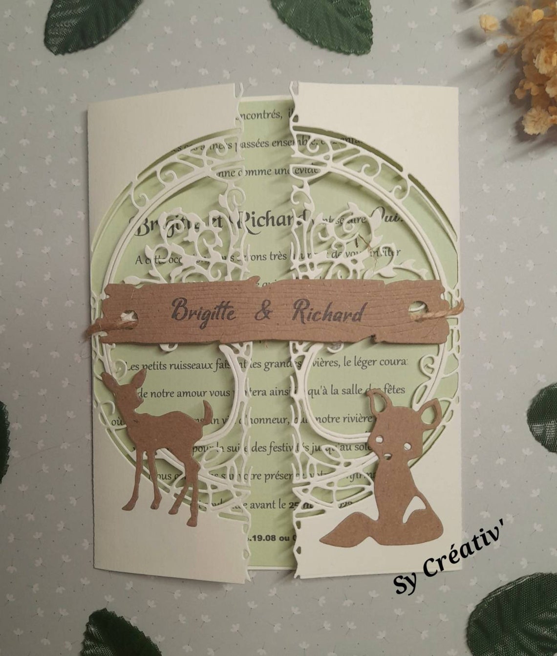 10 INVITATIONS / FAIRE-PART mariage theme forêt, nature, bois, animaux ...