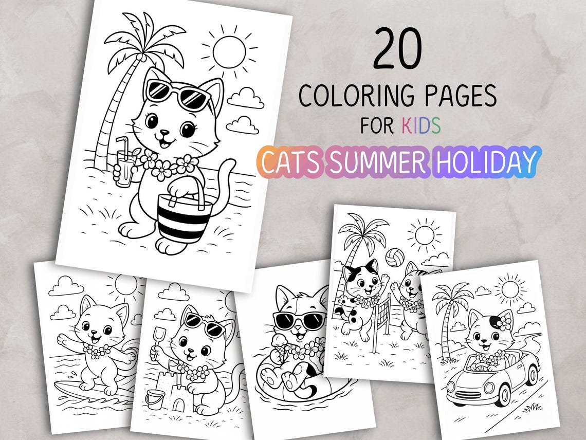 Summer Cats Coloring Book: 20 Holiday Activity Pages (PDF) - Etsy