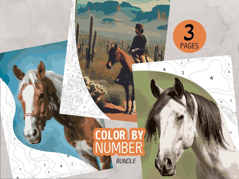 Horse Color by Number Bundle: 3 Printable Pages for Adults (digital ...