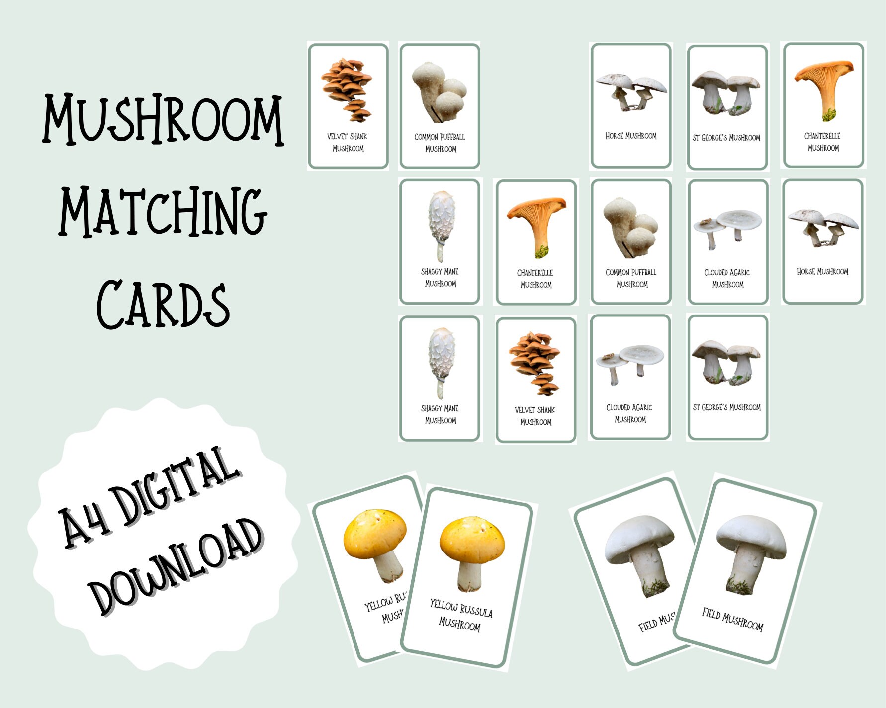 Mushroom Matching Cards, Snap Game, Printable, Montessori Education ...
