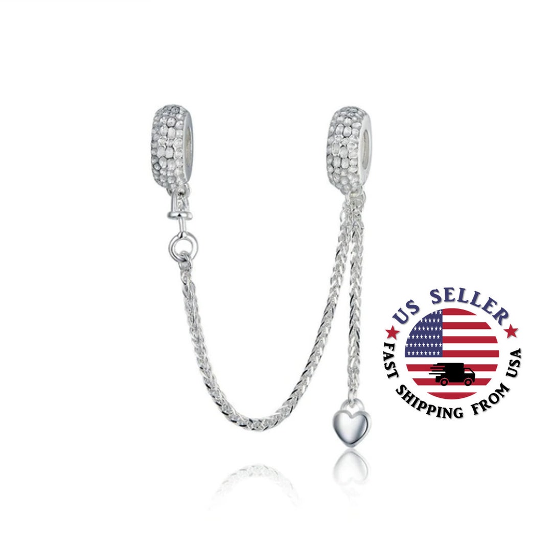 Dangling Heart Safety Chain Charm Sterling Silver - Safety Chain Charm ...