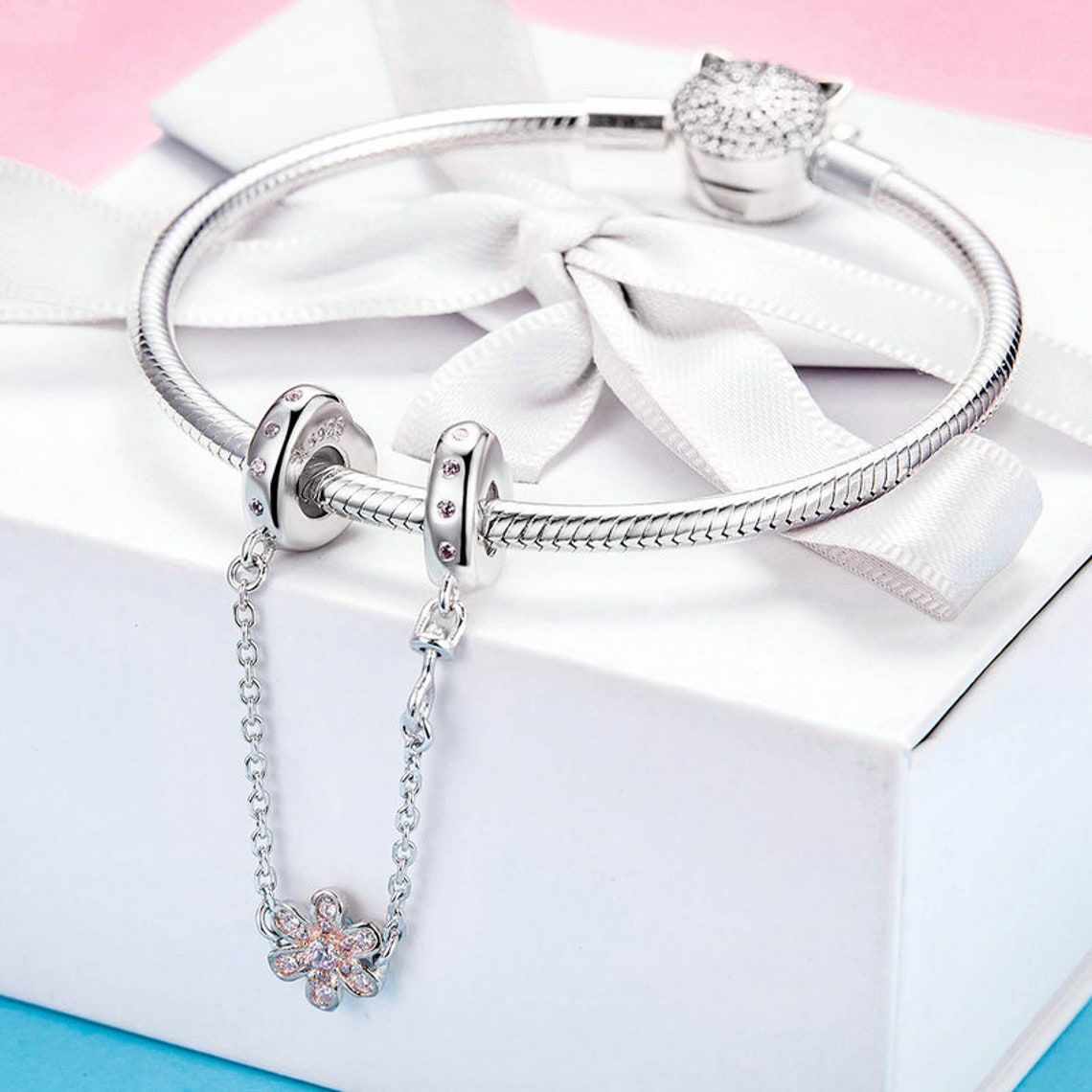 Rose Gold Flower and Heart Safety Chain Sterling Silver - Safety Chain ...
