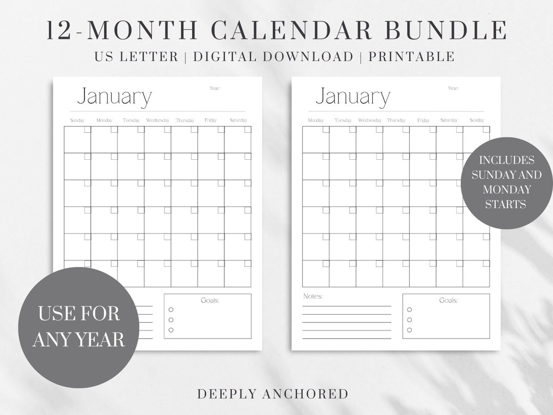 12 Month Calendar Bundle, Sunday Start, Monday Start, Blank Year - Etsy