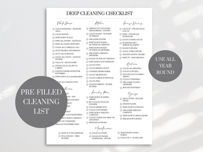 Deep Cleaning Checklist Bundle, Spring Cleaning, Weekly Cleaning, Chore ...