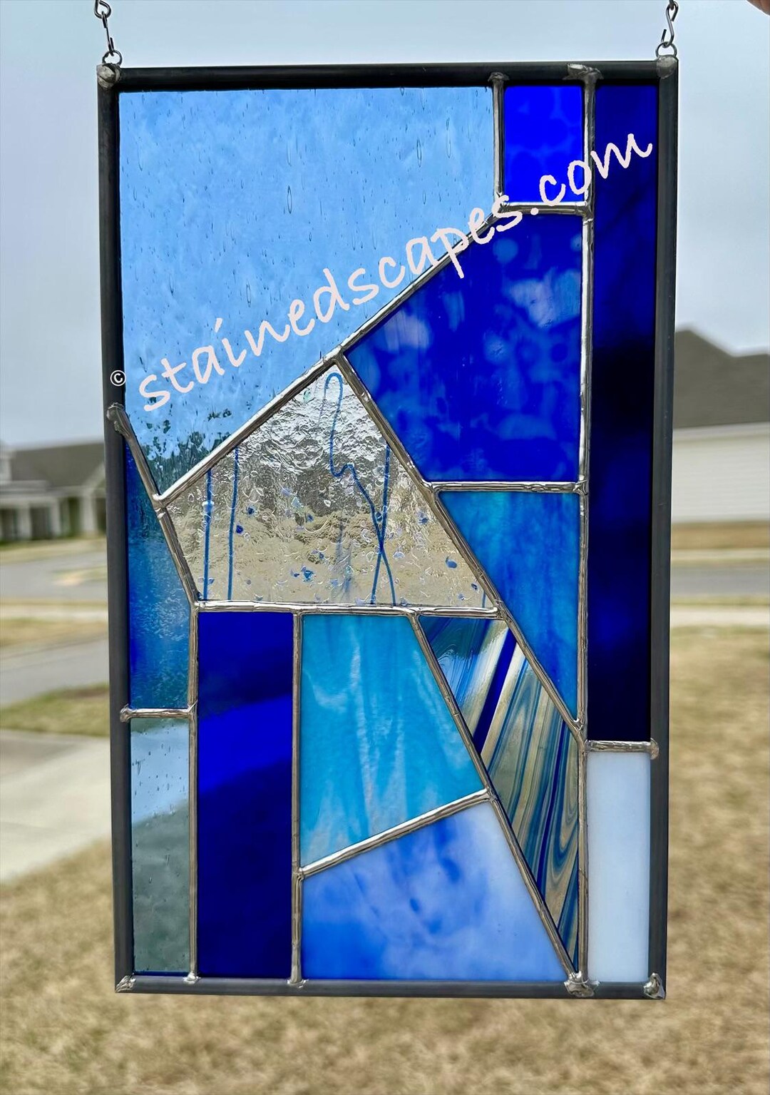 Blue Abstract Stained Glass Panel: Handmade Window Art (11.25”x6.75 ...