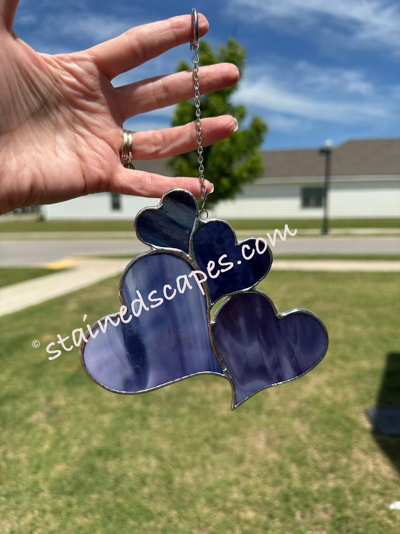 Four Purple Hearts Stained Glass Suncatcher: Handcrafted Window Decor ...