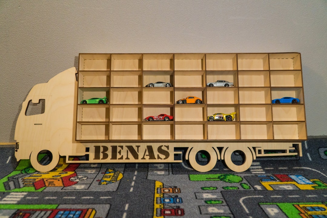 Personalized Wooden Toy Car Storage - 35 Sections, Hot Wheels Shelf ...
