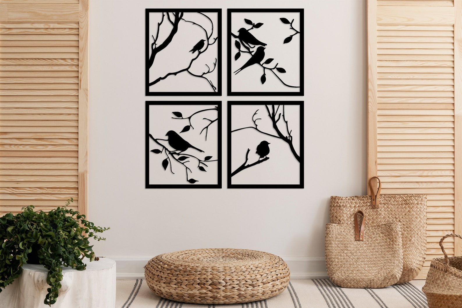Birds on Branch 4 Panel Birds Wooden Birds Wall Decoration - Etsy