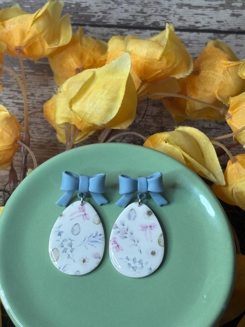 Botanical Easter Egg Dangle Earrings, Wildflower Spring Bow Earrings ...