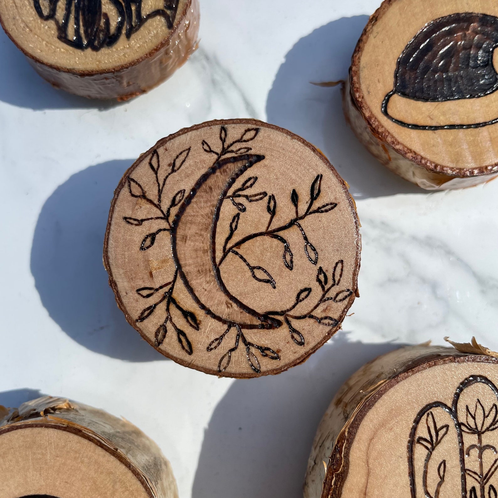 Wood Burned Magnets, Pyrography, Alien Art, Pine Tree, Mushrooms, Paw ...