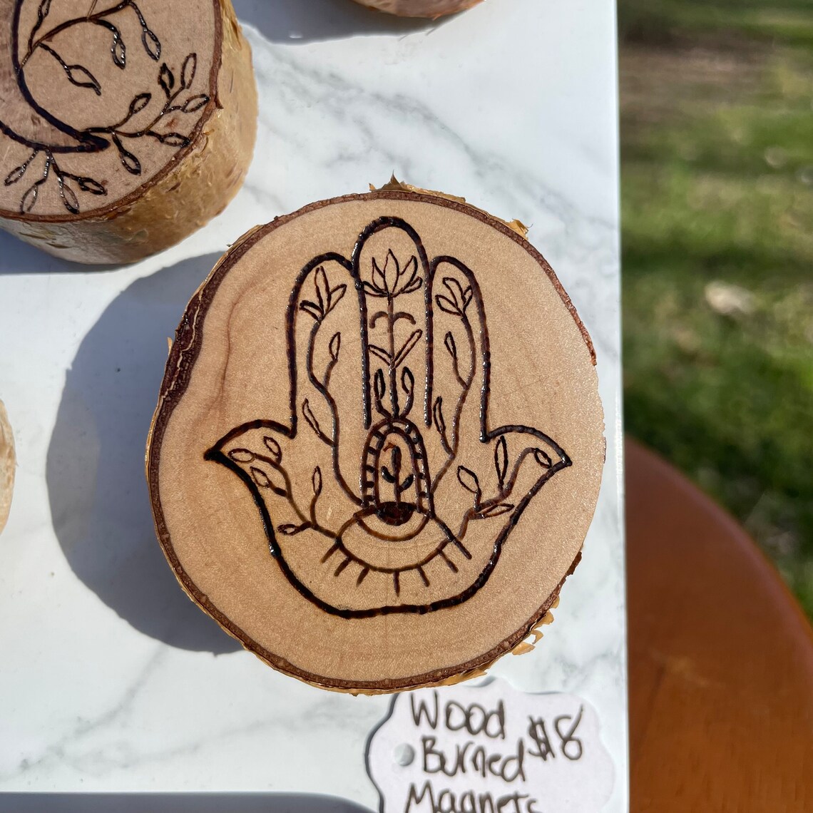 Wood Burned Magnets, Pyrography, Alien Art, Pine Tree, Mushrooms, Paw ...