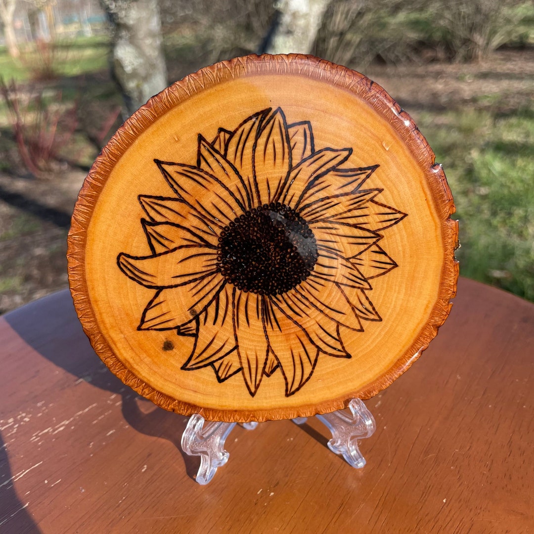 Wood Burned Sunflower Coaster, Spring Decor, Pyrography Sunflower Art ...