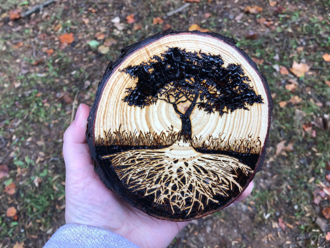 Wood Burned Tree of Life Pyrography Wall Art Gift Live Edge Wood Slice ...
