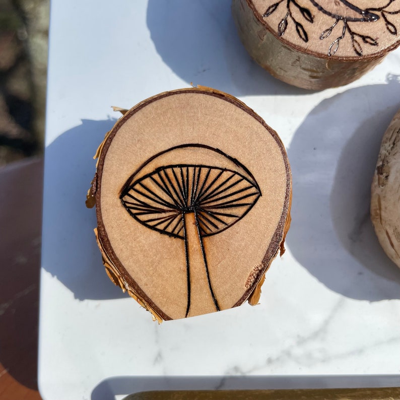Wood Burned Magnets, Pyrography, Alien Art, Pine Tree, Mushrooms, Paw ...