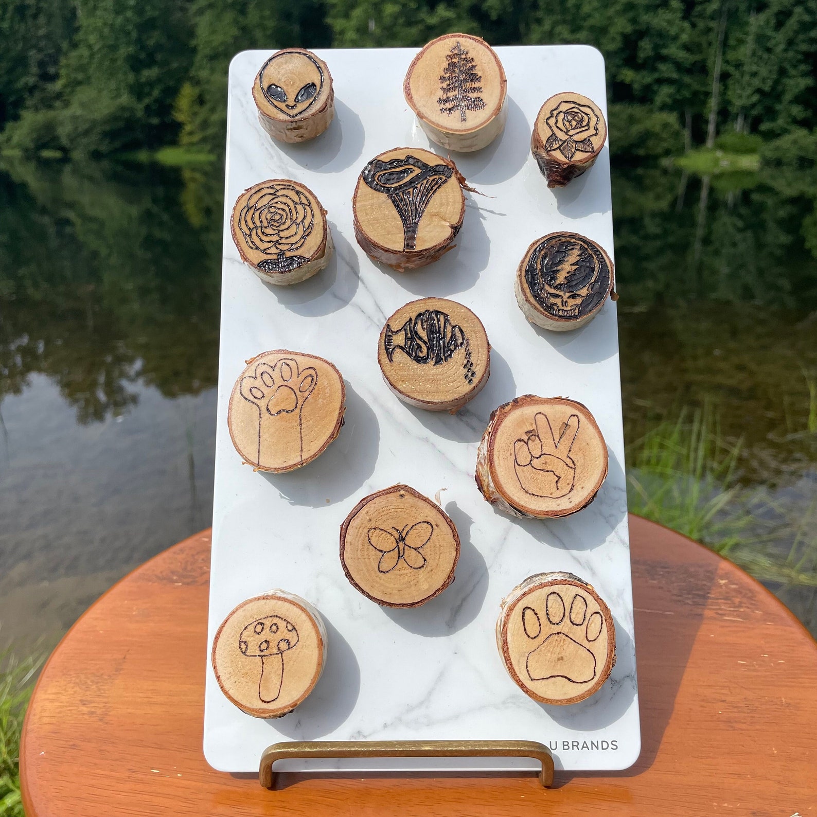 Wood Burned Magnets, Pyrography, Alien Art, Pine Tree, Mushrooms, Paw ...