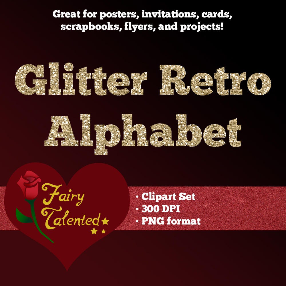 Glitter Retro Alphabet Clipart: Gold Glitter Letters, Bold Gold Glitter ...